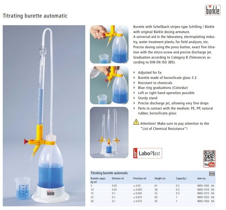 Burkle Titrating burette automatic borosilicate glass 50 mL