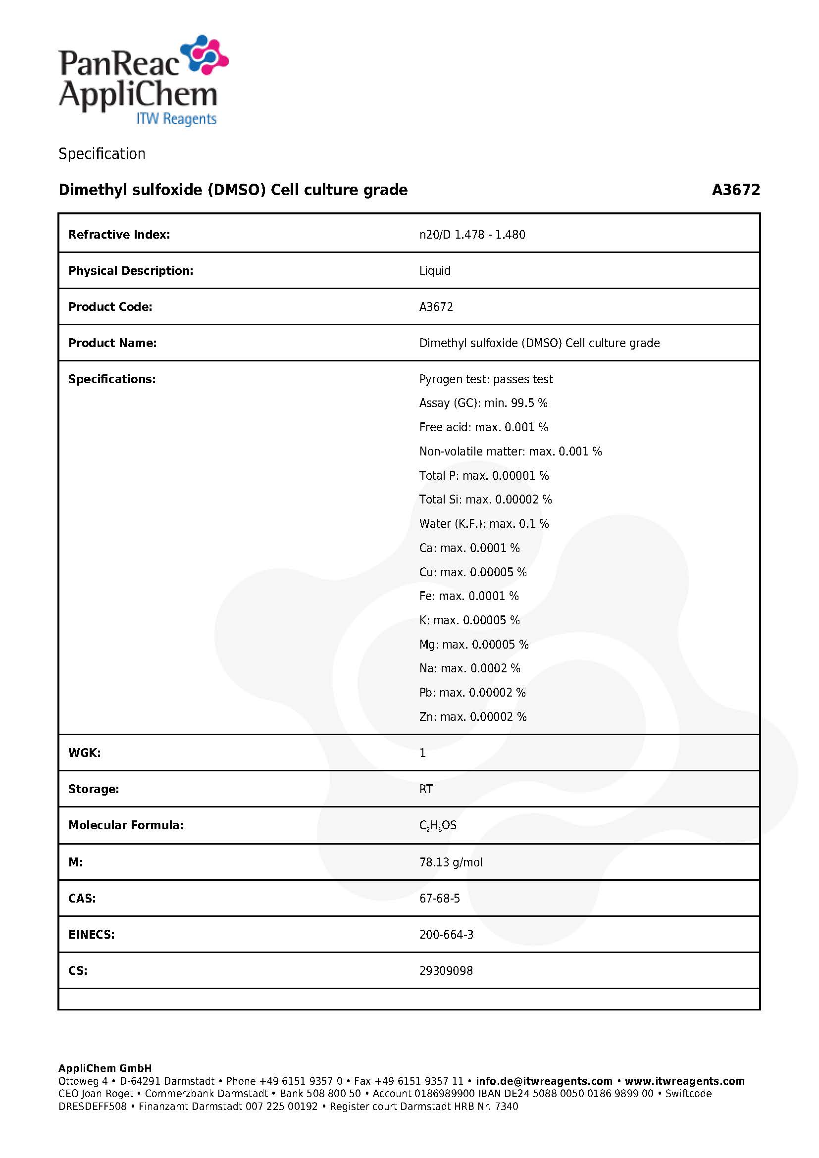 PanReac AppliChem A3672 Dimethyl sulfoxide (DMSO) Cell culture grade ...