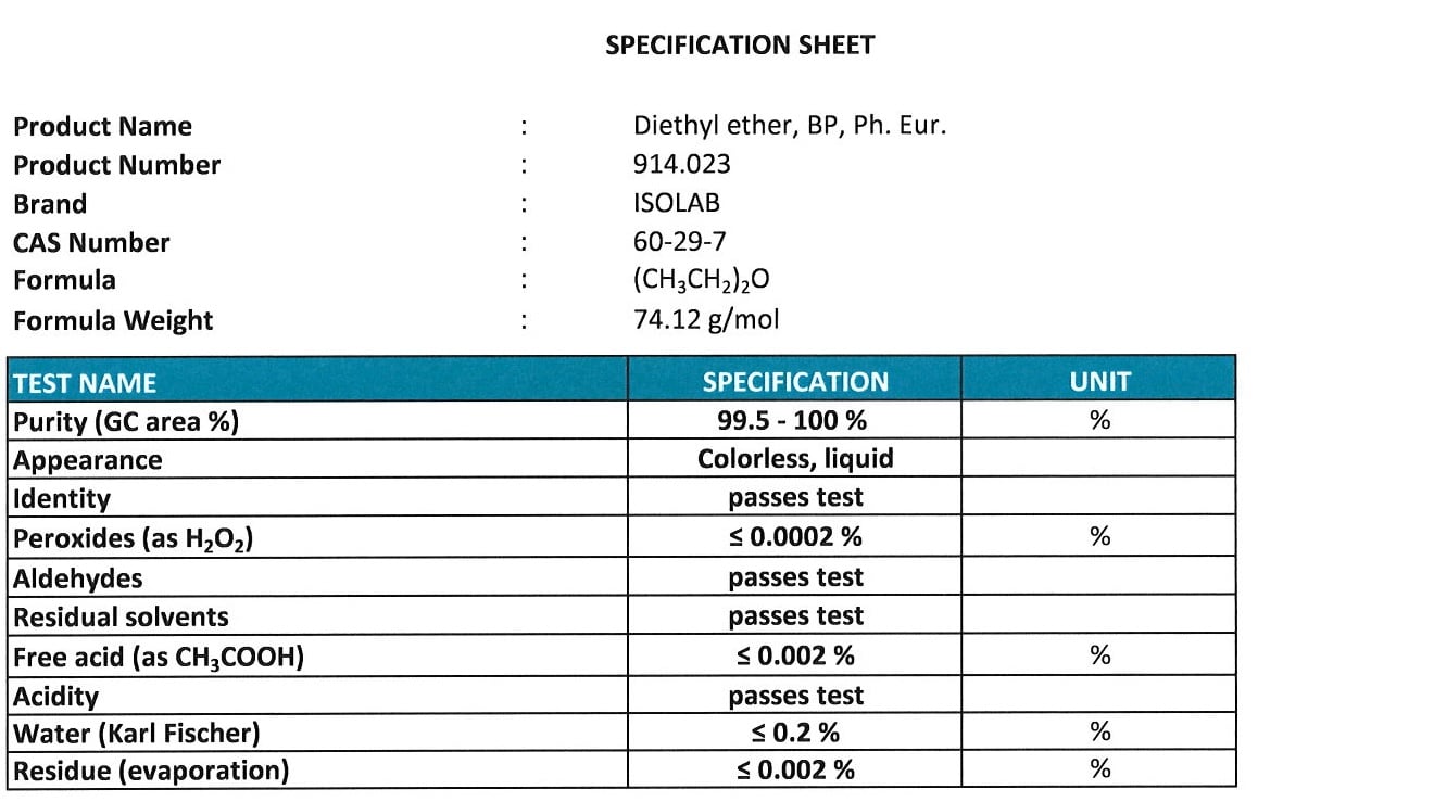 DIETHYL ETHER ≥ 99.5%, BP , PH. EUR. CAS No : 60-29-7